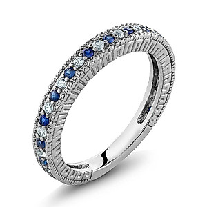 Gem Stone King 925 Sterling Silver Blue and White Created Sapphire Ring | Ladies Anniversary Wedding Band Ring For Women | 0.48 Cttw | Available In Size 5, 6, 7, 8, 9