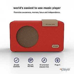 SMPL One-Touch Music Player, Audiobooks + MP3, Quality-Sound, Durable Wooden Encloser with Retro Look, 4GB USB with 40 Nostalgic Hits Included, Live Technical Support (Red, Music Player)