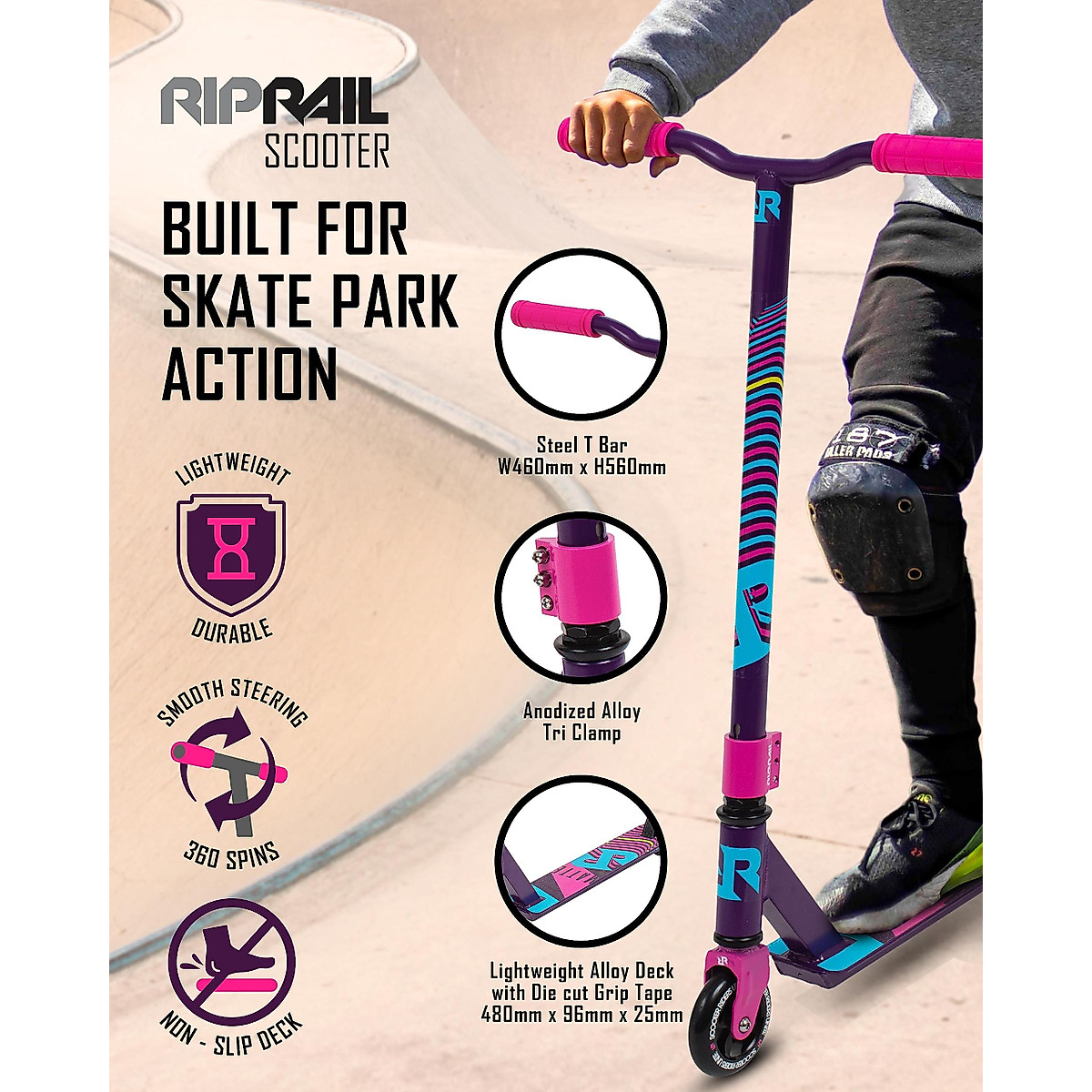 Riprail Matte Stunt Scooter for Skatepark. Pro Scooter for Kids 43" Inches and Up. Unisex Trick Scooter for All Skill Levels. Performance BMX Scooter for Beginner or Professional - Purple Haze