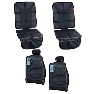 Lusso Gear Two Pack of Car Seat Protector (Black w/Red) + Two Pack of Heavy Duty Kick Mats (Black w/Red), Waterproof, Protects Fabric or Leather Seats, Premium Oxford Fabric, Travel Essentials