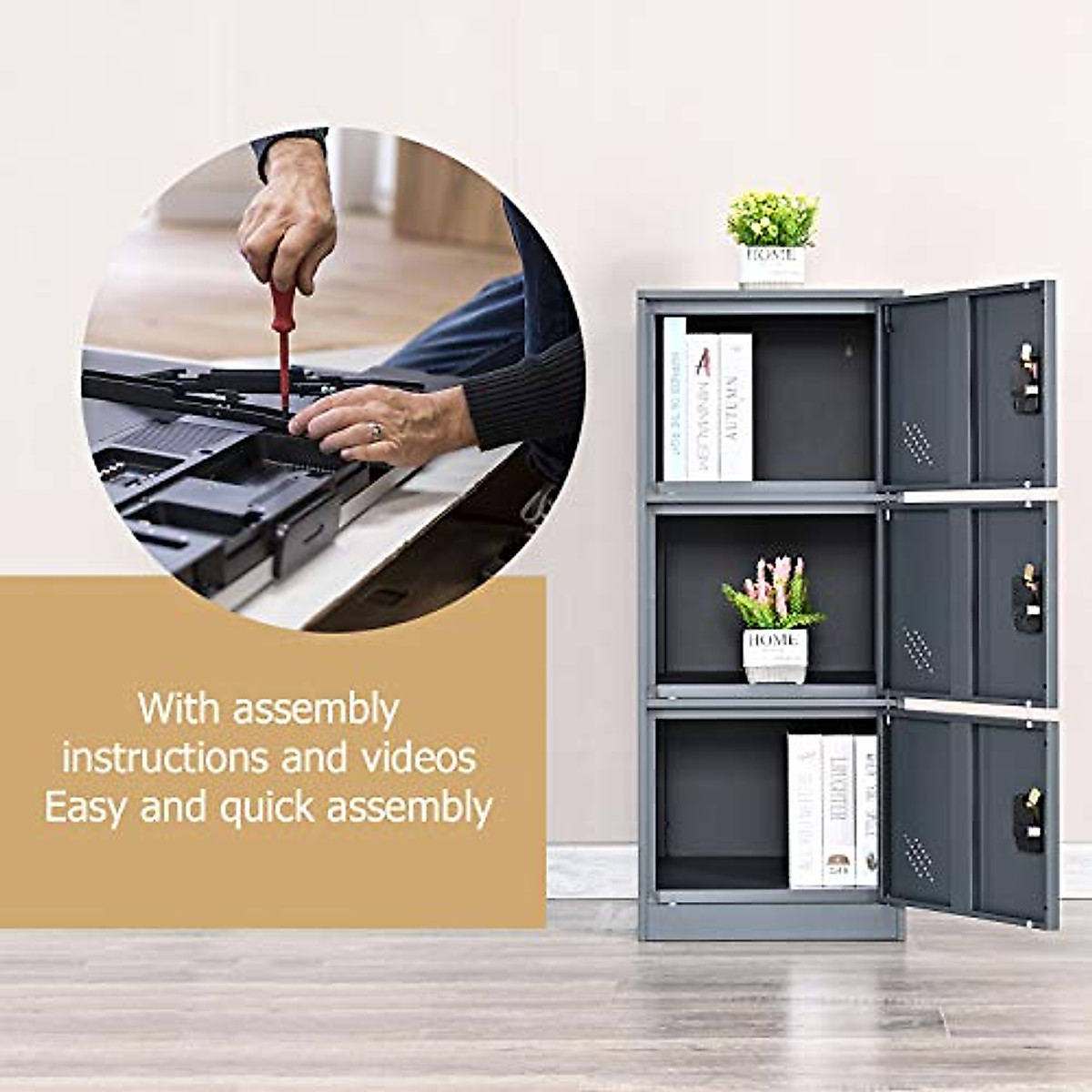 MECOLOR Vertical Single Tier Small Locker with Padlock latche 2 or 3 Compartment Storage for Employee,Home,Office,School,Kids (Dark Grey, P3V)