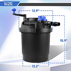 Bio Pressure Pond Filter with Built-in 13 W U-V Light Up to 1600 Gallons, Koi Pond Filter System with Convenient Cleaning Crank Handle, Easy to Clean, Designed for Cleaning Ponds, Aquarium, Fish Tank