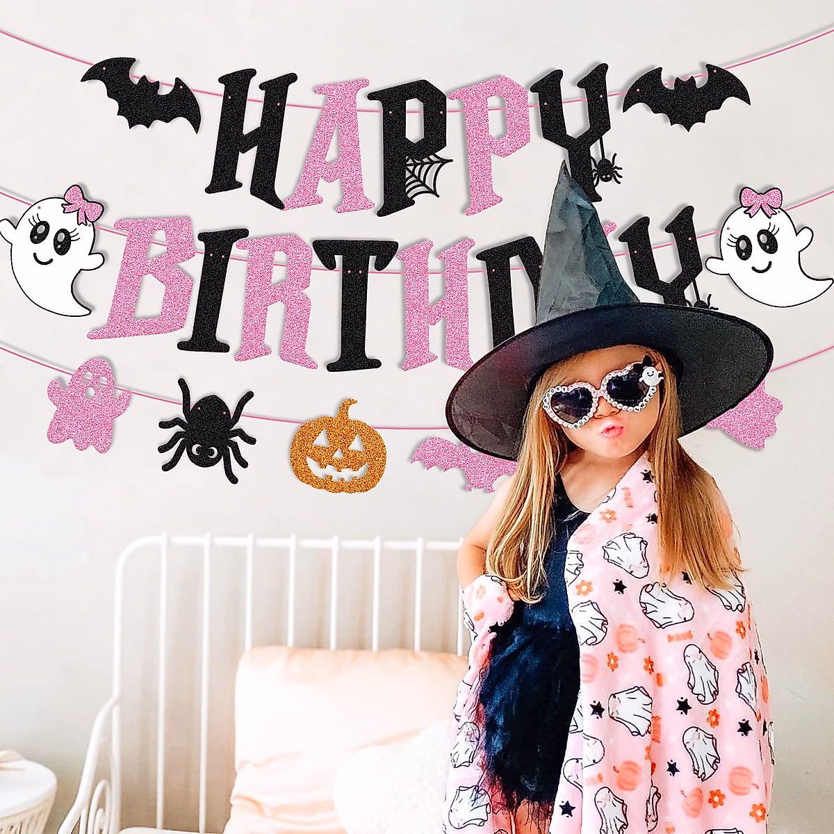 Halloween Happy Birthday Banner Hallows Bday Decoration Ghost Spider Bat Spooky Boo Horror Theme Halloween Eve Party Event Celebration Anniversary Decor for Girls Women Lady Glitter Black Pink