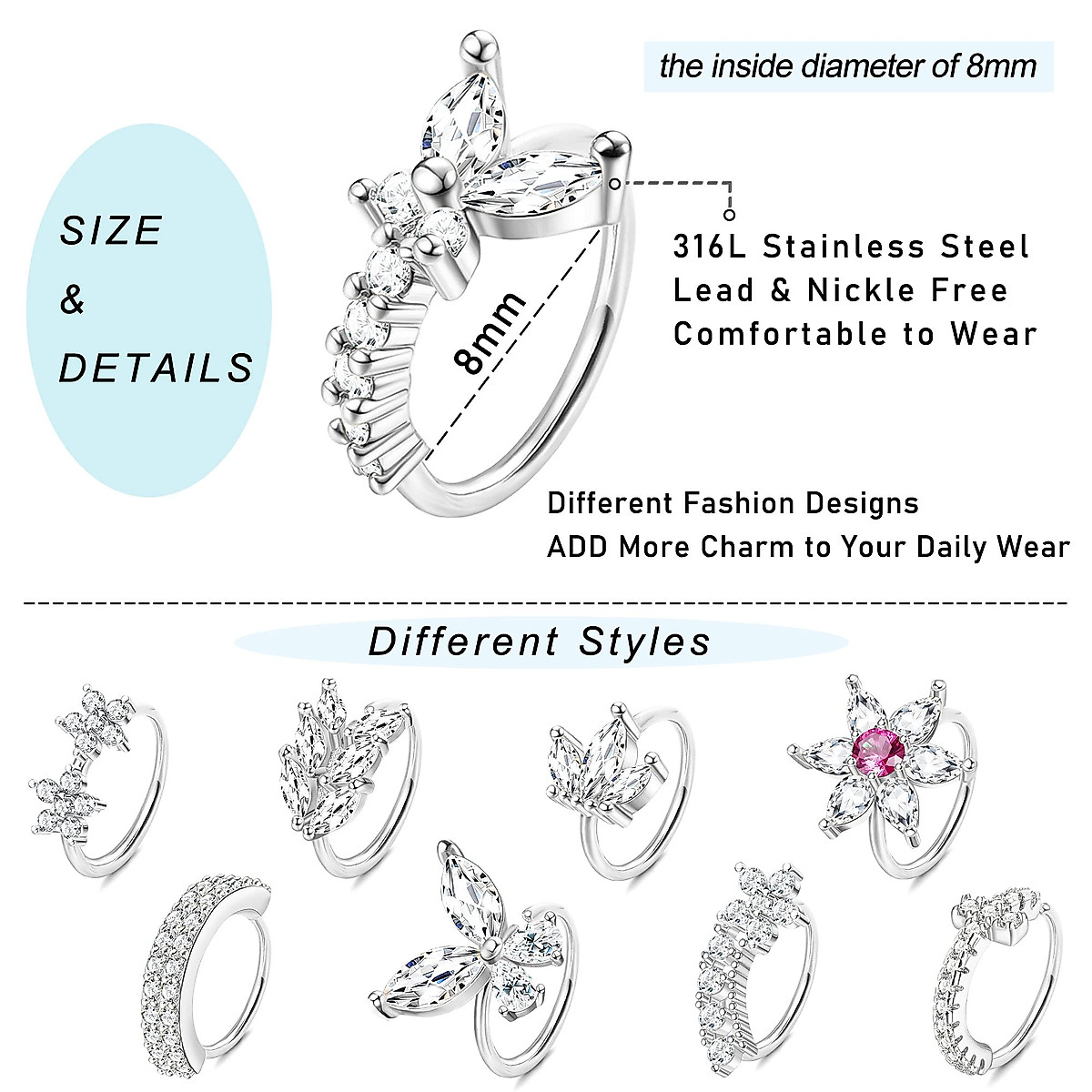 ORAZIO 9Pcs 20G Nose Rings Hoops For Women Surgical Steel Paved CZ Cartilage Earring Hoop Cute Butterfly Flower Nose Piercing Jewelry Silver Gold Black Rose Gold Nose Ring Hoop