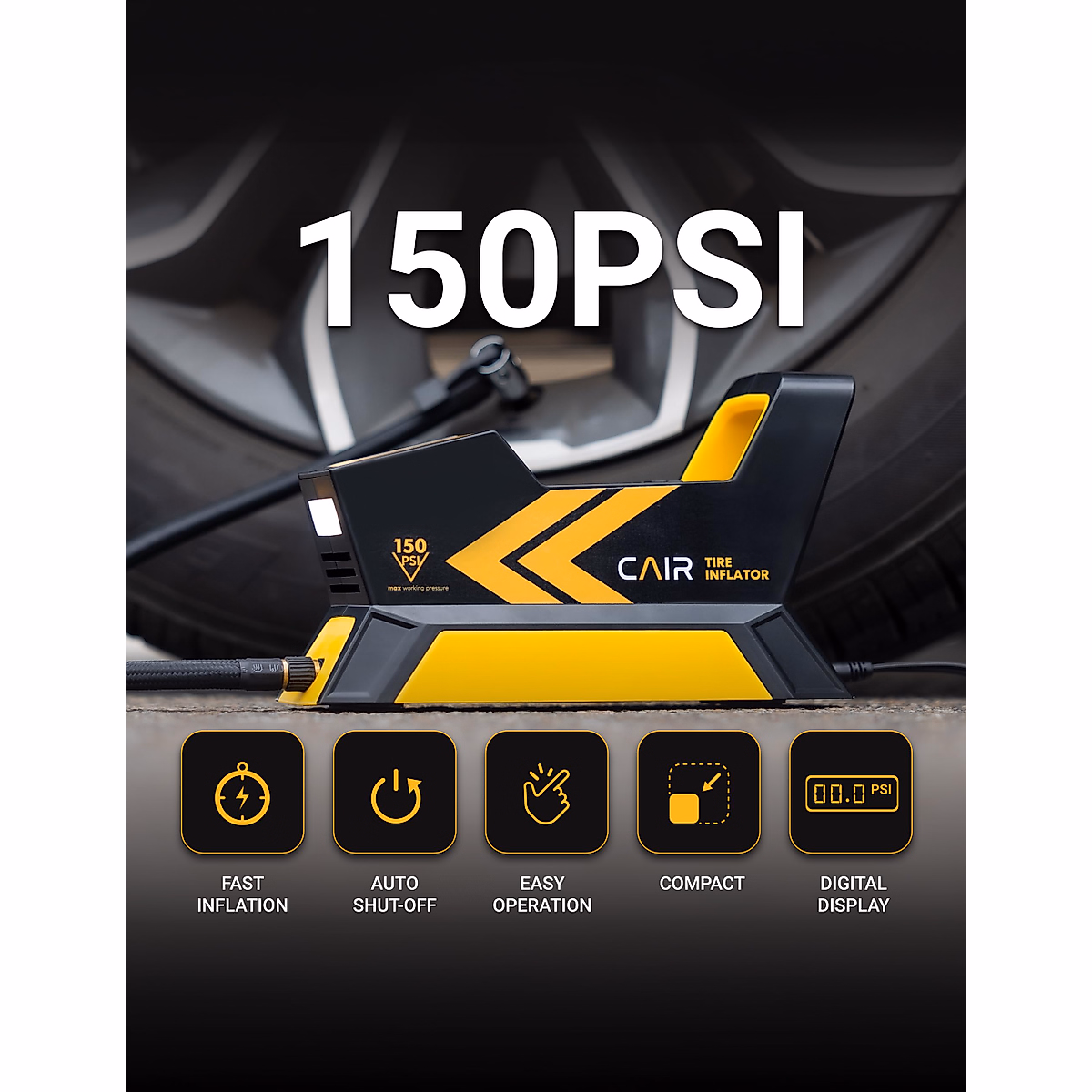 CAIR Tire Inflator Portable Air Compressor, 12V DC Small Air Pump for Car Tires - Car Accessories, 150PSI Smart Digital Pressure Gauge, LED Light for Motorcycle, Bike, Ball and Inflatables