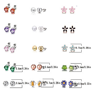 30 Pairs Stainless Steel Mixed Color Cute Animals Fox Heart Star Ladybug Bee Frog Mushroom Tree Daisy Umbrella Rose Gold White Pearl CZ Jewelry Stud Earrings Set (animal tree pearl)