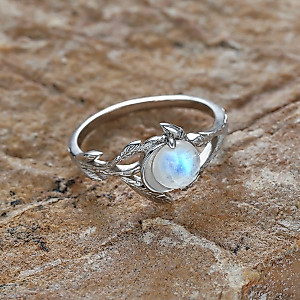 Angol Genuine Moonstone Ring for Women Sterling Silver Moonstone Moon Sun Ring Minimalist Statement Band Finger Ring with Box (7)
