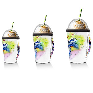 Colorful Sea Turtle Animals Reusable Iced Coffee Sleeves Neoprene Sleeve Cup Cover with Handle for Cold Drinks Beverages Drink Sleeve Holder 30-32oz