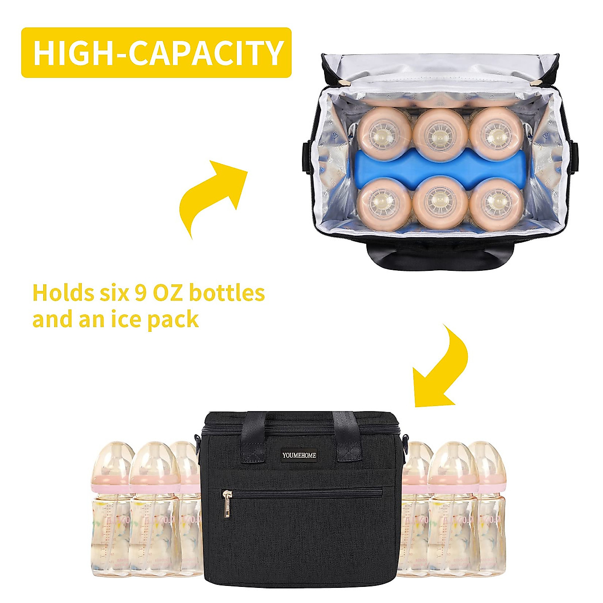 YOUMEHOME Baby Bottle Bag with Ice Pack Breastmilk Cooler Bag Fits 6 Baby Bottles Up to 9 Ounce, Perfect for daycare, nursing moms, and travel Tot bottle bags - Black