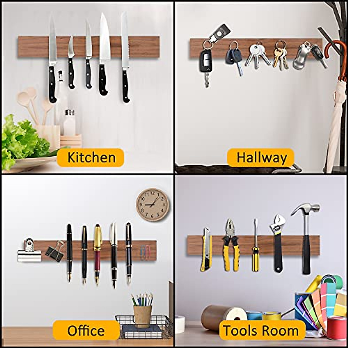 Dark Walnut Wood Magnetic Knife Holder - CTSZOOM Seamless Powerful Wood Magnetic Knife Strip for Organizing Your Kitchen - Multifunctional Magnet Holder for Wall with No Installation - 16"