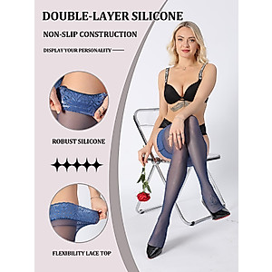 MERYLURE 15D Sheer Thigh High Stockings for Women with Double Silicone Lace Top Valentines Day Pantyhose Stay Up Nylons