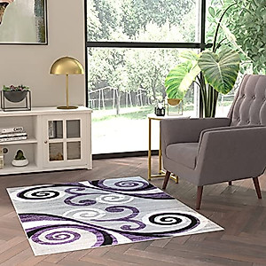 EMMA + OLIVER Helix 4x5 Scraped Look Ultra Soft Plush Pile Olefin Accent Rug in Purple, Gray, Black and White Swirl Pattern, Jute Backing