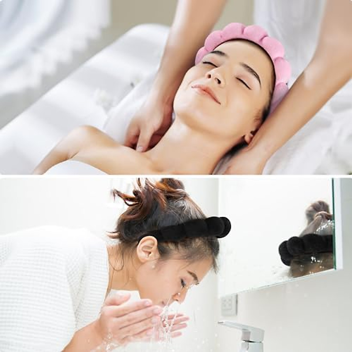 Spa Headbands for Washing Face or Facial, Set of 2 Skincare Headbands, Terry Cloth Headband Combo Pack - Puffy Makeup Headbands for Face Washing, Mask, Skin Treatment (Pink & Black)