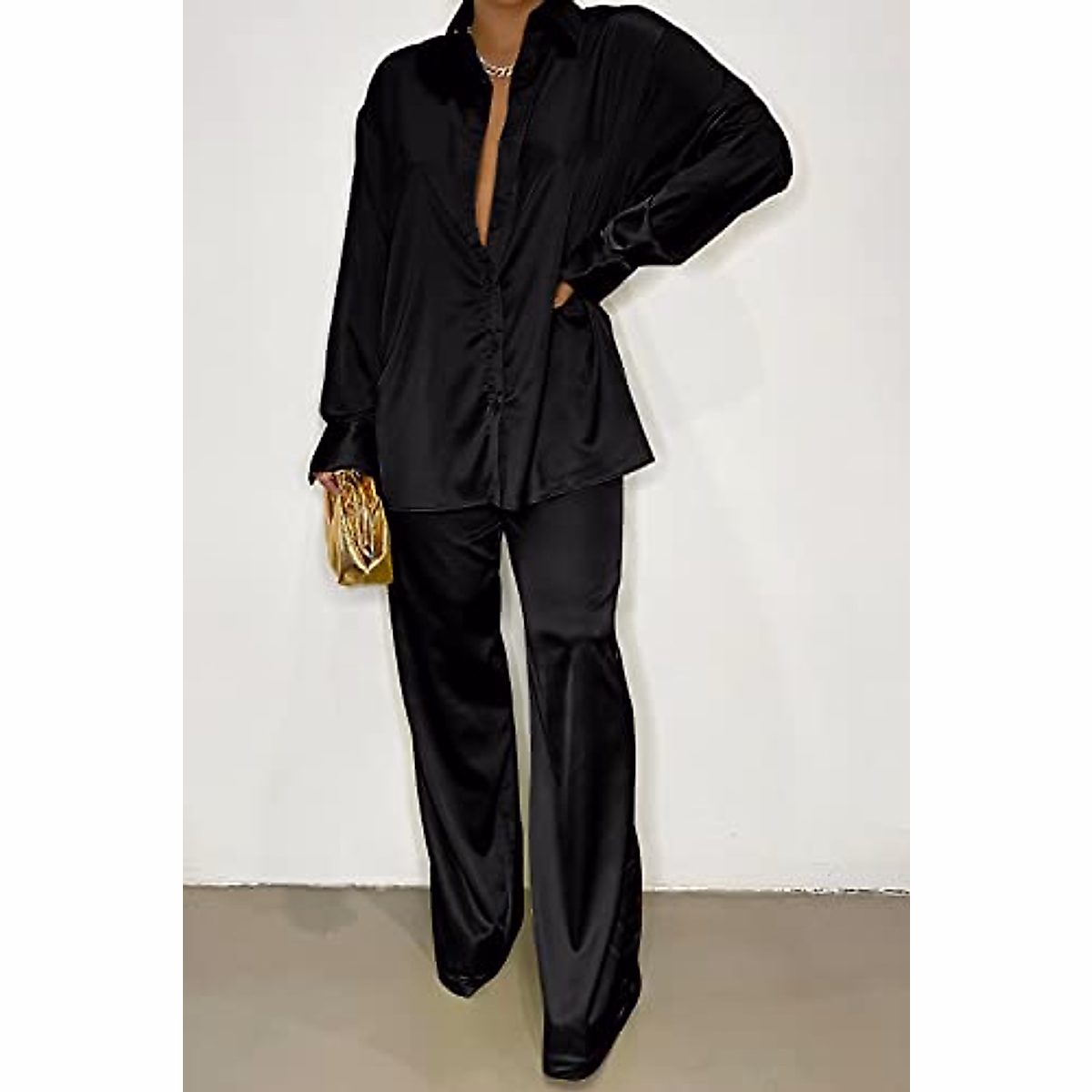 PRETTYGARDEN Women's 2 Piece Satin Outfits Long Sleeve Button Down Tops Wide Leg Pants Silk Loungewear Pajama Sets (Black,Large)