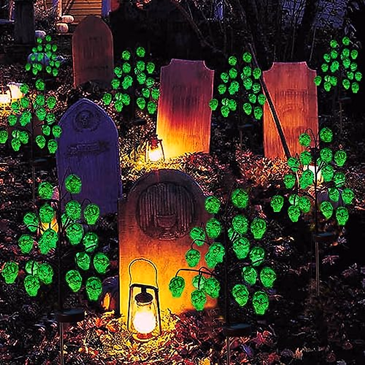 Upgraded 2 Pack Solar Halloween Decorations Lights, Halloween Outdoor Solar Stake Sign Lights with Scary Skull Shape Green LED Lights for Halloween Outdoor Pathway Cemetery Garden Yard Porch Decor