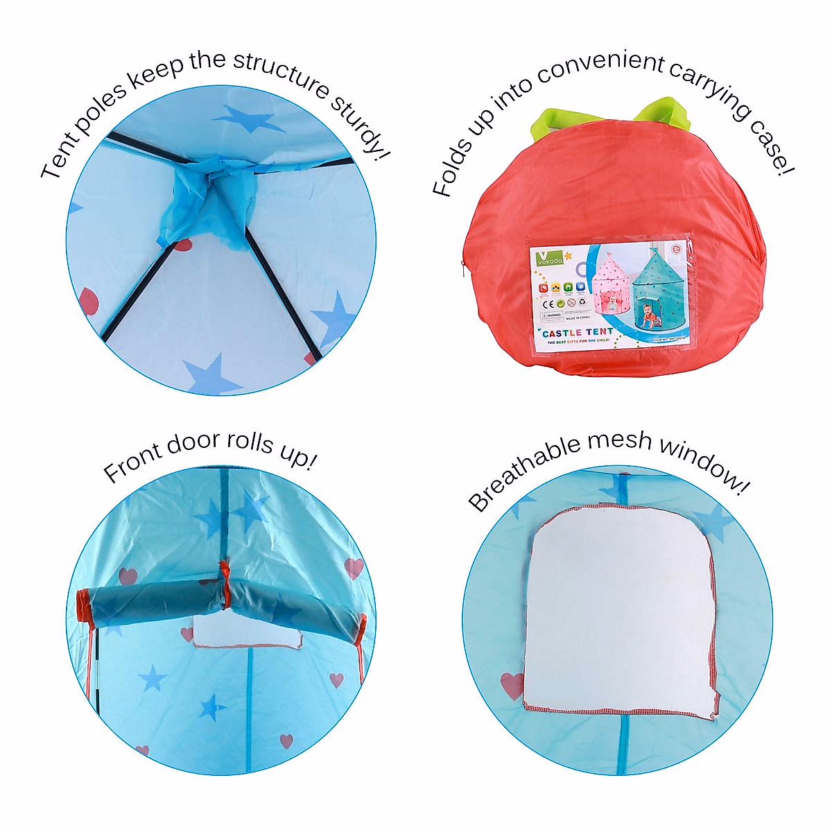 Vokodo Princess Castle Magical Play Tent with Stars Easy Folding Kids Blue Playhouse Boosts Imagination and Creativity Indoor Outdoor Adventure Toy House for Children Boys Girls Toddlers