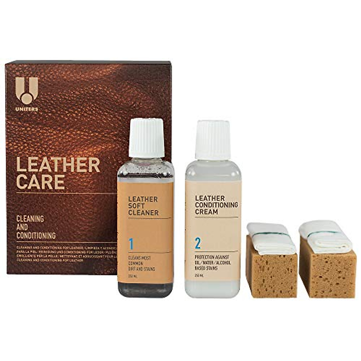 UNITERS Leather Care KIT Cleaning and Conditioning (250ml) - Leather Cleaning Kit with Leather Soft Cleaner and Leather Conditioning Cream for Furniture, Upholstery, Shoe, Bags, and Car Interior