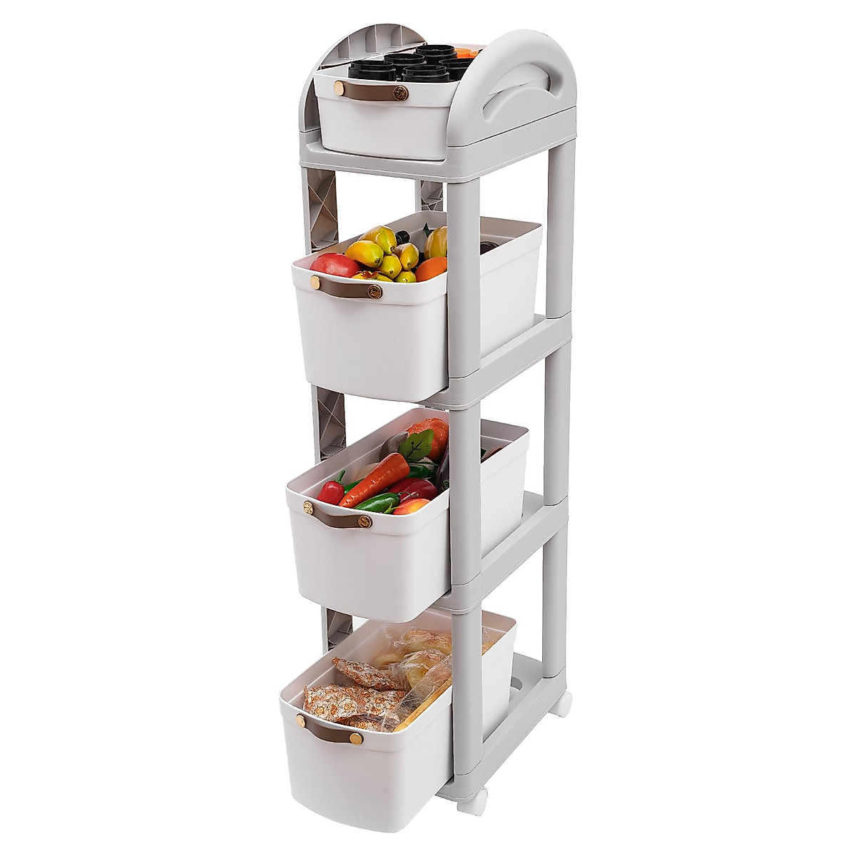 Fichiouy 3/4 Tier Storage Rack Corner Storage Rack On Wheels, Movable Storage Shelving Unit Max Load: 22.05 lbs for Kitchen Bathroom Living Room Garage Office (Gray 4-Tier)