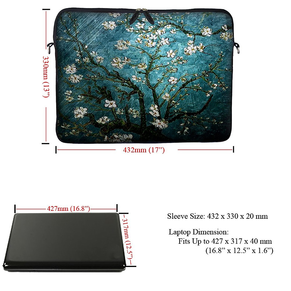 Meffort Inc 17 17.3 inch Laptop Carrying Sleeve Bag Case with Hidden Handle & Adjustable Shoulder Strap with Matching Skin Sticker and Mouse Pad Combo - Vincent Van Gogh Almond Blossoming