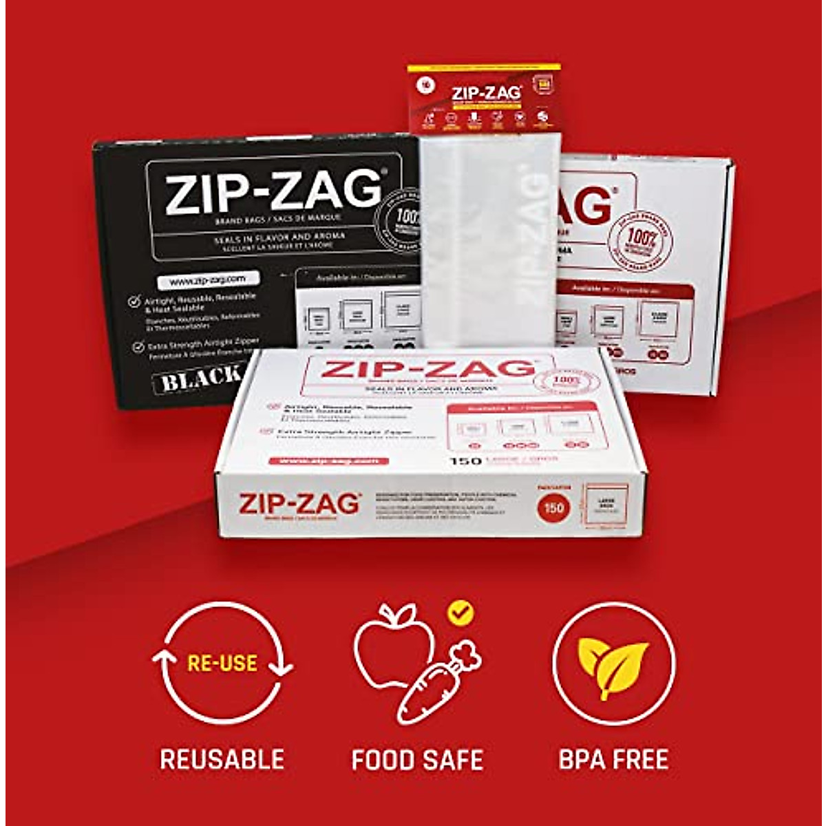 Zip-Zag BLACK 10 Half Pound Bags - Airtight Bags, Resealable, Reusable, Anti-Puncture, Washable, Food Safe, Treated for no Static, for Dry Herbs and Spices