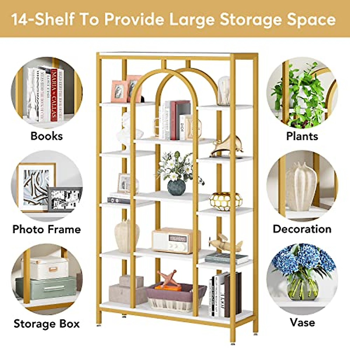Tribesigns 5-Tier Bookshelf, Modern Tall Bookcase Book Shelf Organizer Freestanding Open Display Shelves for Bedroom Living Room Home Office, 70.8" H x 39.4" L, White/Gold