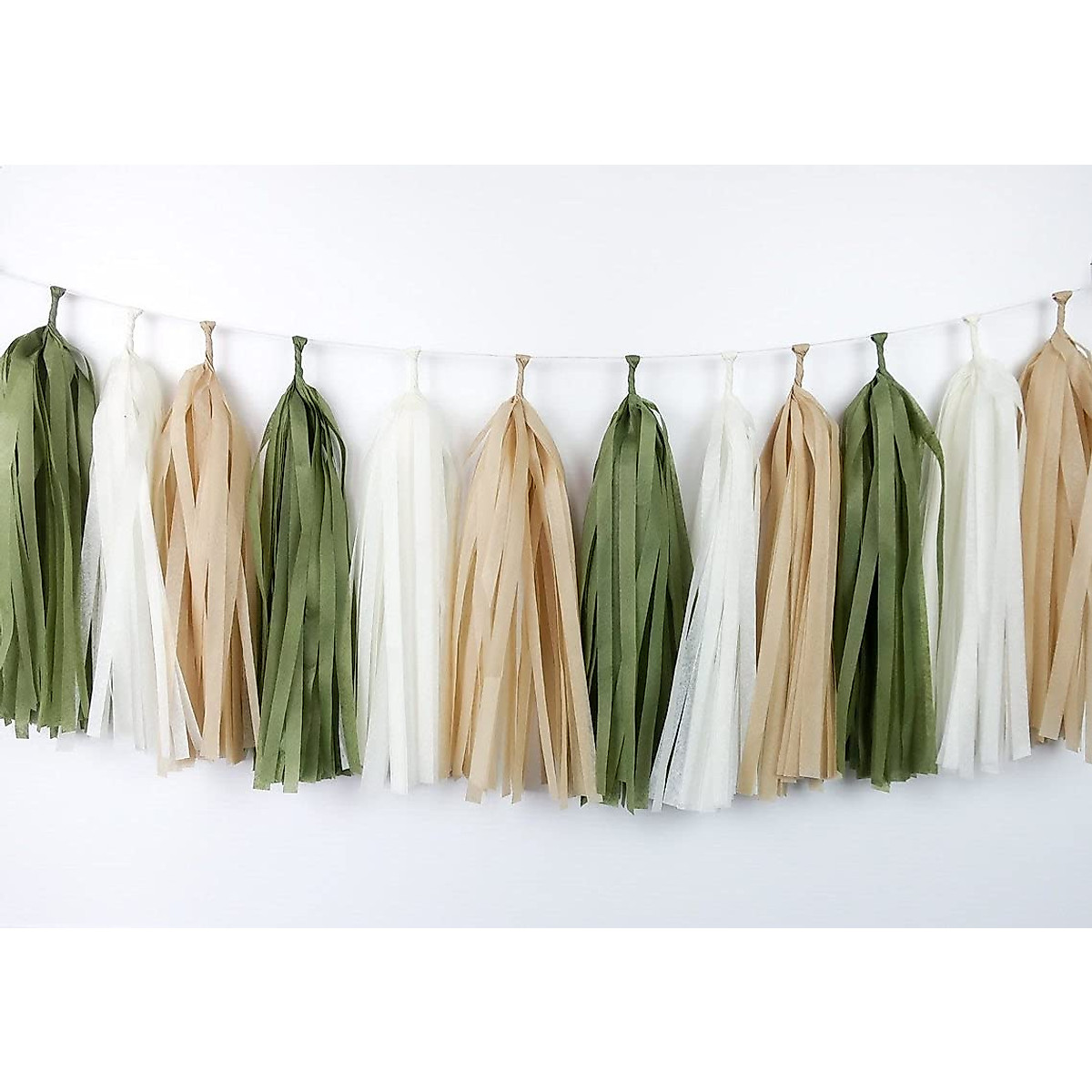 15 Pcs DIY Olive Green Tan Brown Nude Cream Tissue Paper Tassel Garland Party Banner for Eucalyptus Greenery Baby Shower Woodland Jungle Tropical Nature Theme Birthday Wedding Party Decoration