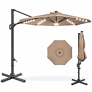 Best Choice Products 10ft Solar LED Cantilever Patio Umbrella, 360-Degree Rotation Hanging Offset Market Outdoor Sun Shade for Backyard, Deck, Poolside w/Lights, Easy Tilt, Cross Base - Tan