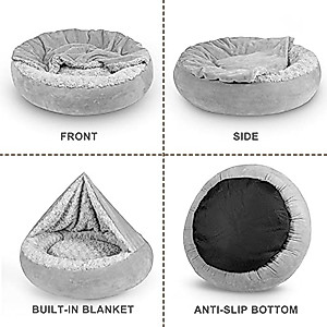 JOEJOY Small Dog Bed Cat Bed with Hooded Blanket, Cozy Cuddler Luxury Orthopedic Puppy Pet Bed, Donut Round Calming Anti-Anxiety Dog Burrow Cave Bed - Anti-Slip Bottom and Machine Washable 23 inch