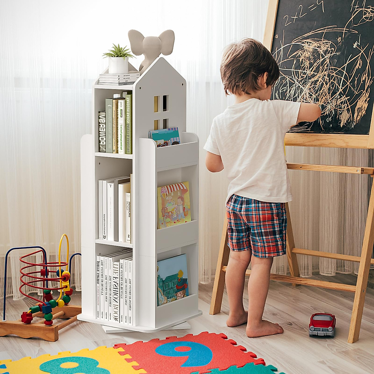 Nisorpa Rotating Bookshelf 360° Display Floor Standing Bookcase Freestanding Storage Organizer Holder Book Rack for Kids Multi-Functional Bookshelf Organizer 37.4'' x 13.38'' x 13.38''