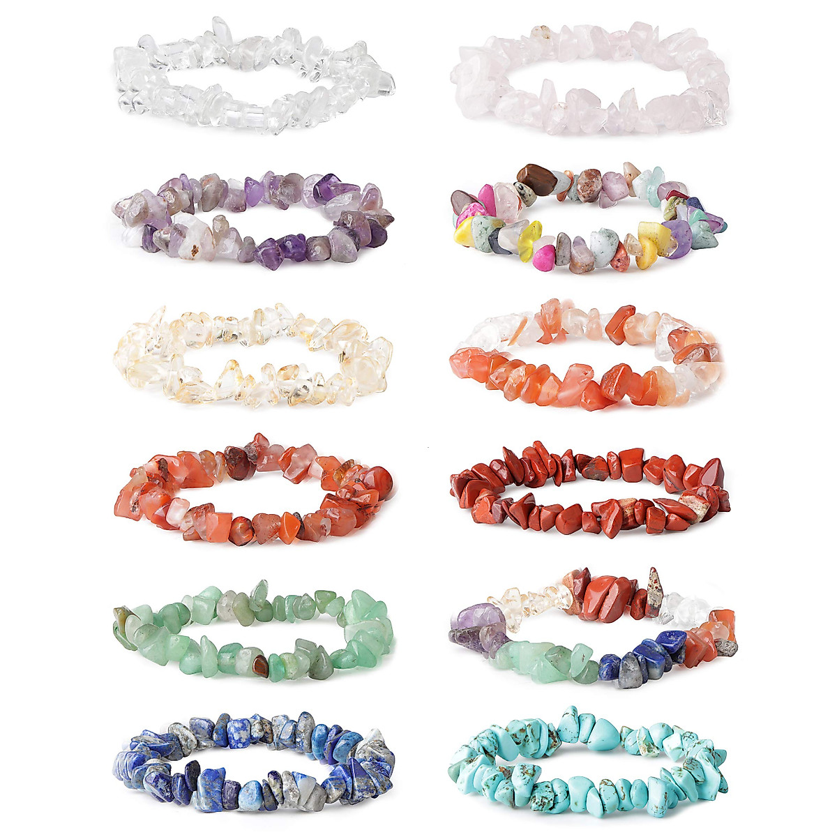LOYALLOOK 8-12Pcs Natural Gemstone Chakra Crystal Healing Chip Gemstone Stretch Bracelets Tumble Polished Align Chakras/Conquer Fear/Increase Communication Reiki