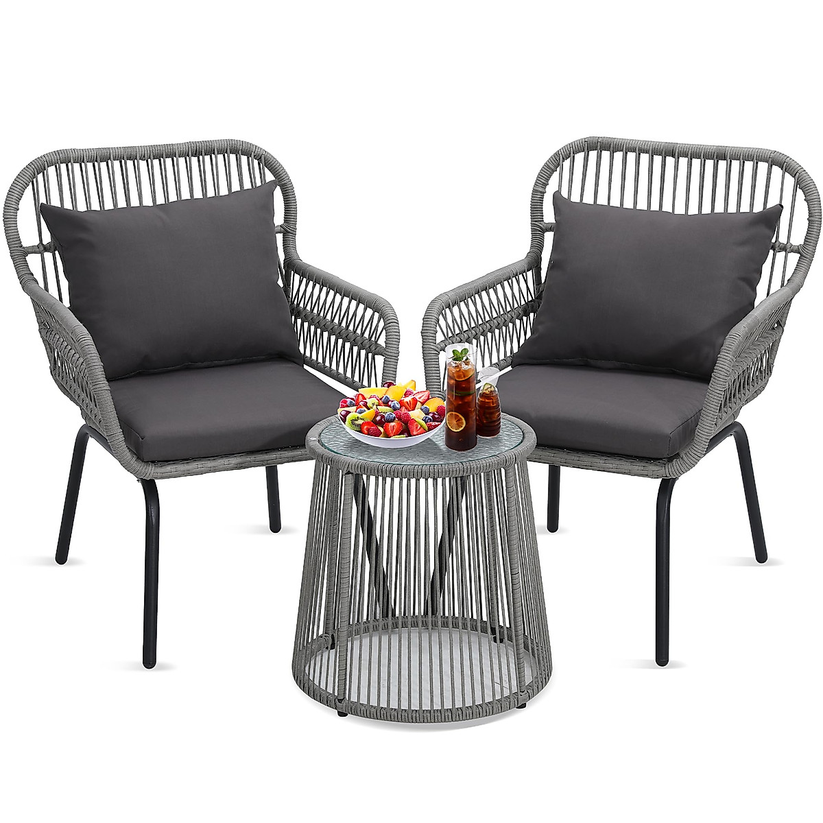wildformers 3 Pieces Rattan Wicker Bistro Set, Outdoor Conversation Set, Wicker Rattan Furniture Set with Glass Top Table, Space Saving for Balcony, Backyard, Grey