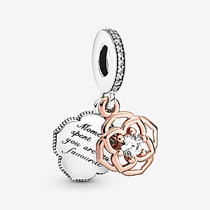 EZ Tuxedo Two-tone Rose Dangle Charms 14K Rose Gold Plated Pendant with Cubic Zirconia for Bracelets