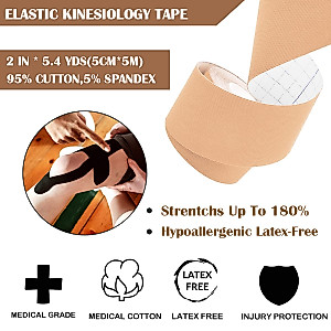Scientific Cotton Rayon Fiber Kinesiology Tape, 16' Length x 2" Width,Latex-Free Athletic Tape Designed to Boost Athletic Performance, Reduce Muscle Pain, Ease Inflammation (Nude)