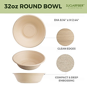 [50 Count]Sugarfiber by Harvest Pack 32oz Round Paper Bowls - Compostable Heavy-Duty Eco-Friendly Disposable Bagasse Bowls Sugarcane Natural plant fibers for Meal Prep Takeout Dinnerware