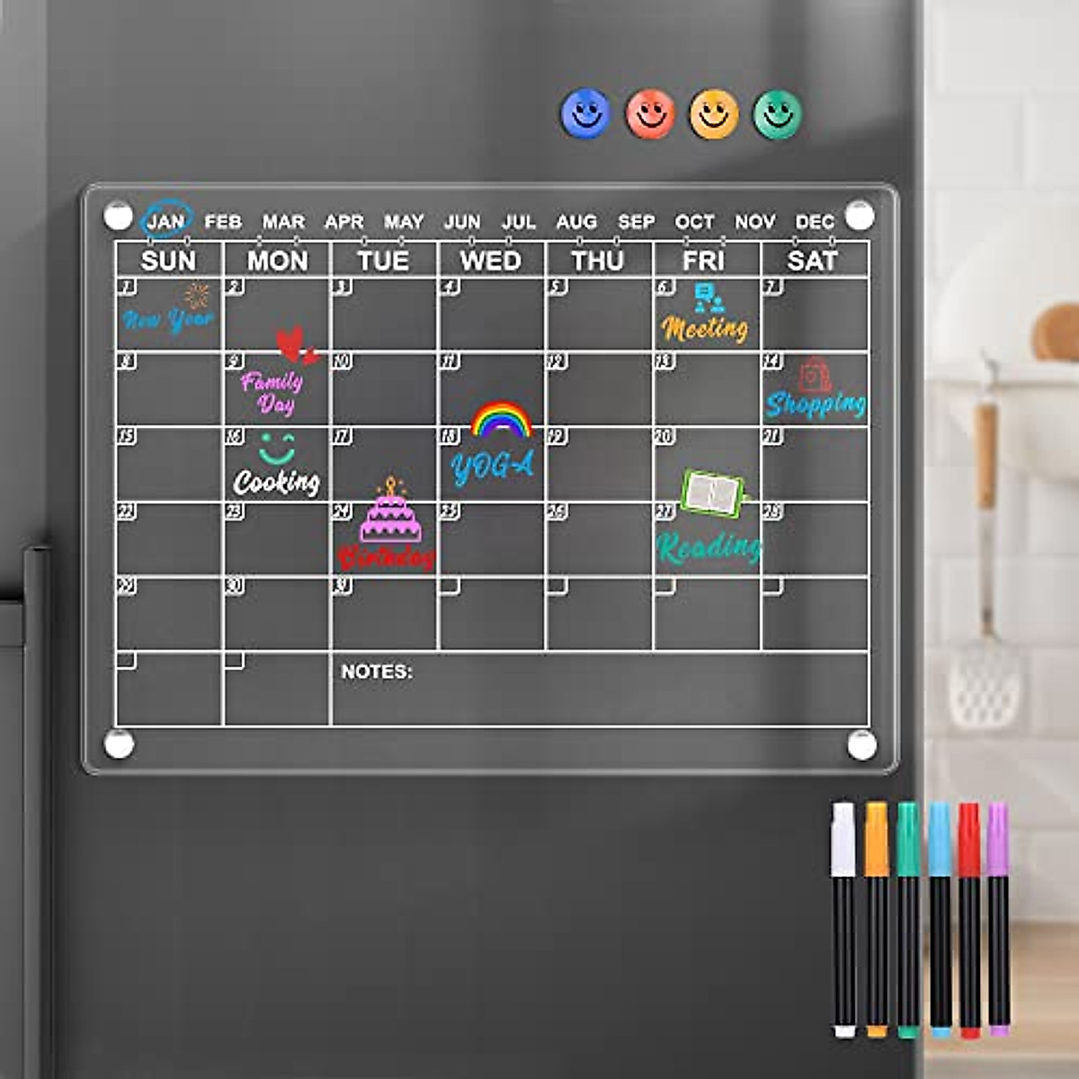 Acrylic Magnetic Dry Erase Calendar Board for Fridge,16"x12" Clear Monthly Calendar Planner Board for Refrigerator, Reusable Portable Calendar Whiteboard Memo Planning Boards