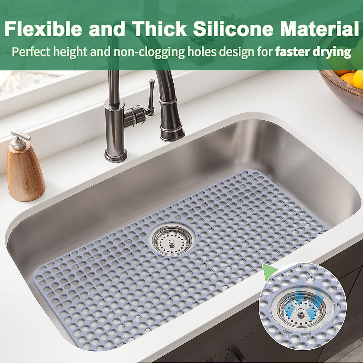 MOSTWOGO Silicone Sink Protector for Kitchen Sink 28''x15'', Heat Resistant Kitchen Sink Mat for Bottom of Stainless Steel/Porcelain Sink ,Rear Drain, 1PCS No-Slip Sink Grid Accessories(Grey)