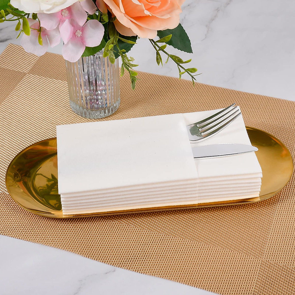 100 Pack White Dinner Napkins with Pocket - Folded Napkins with Pockets for Silverware, Linen Feel Absorbent Disposable Paper Hand Napkins, Banquet Napkins for Wedding Reception, Kitchen, Bathroom