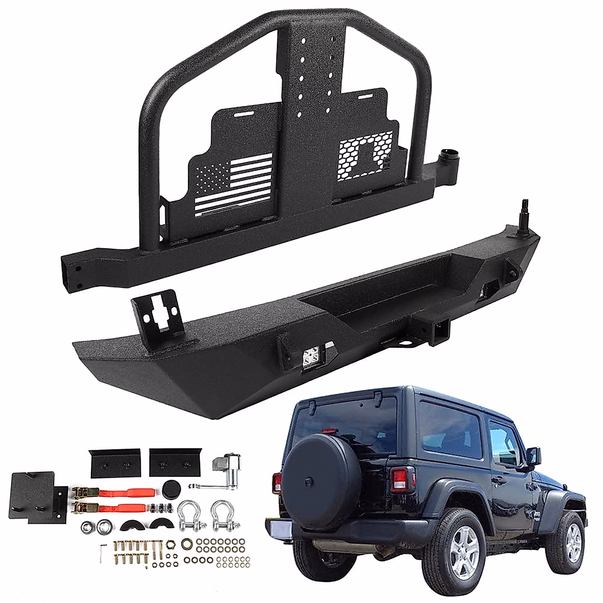 Front Bumper and Rear Bumper w/Tire Carrier Fit 2007-2018 for Jeep Wrangler JK with Winch Plate with D-ring LED Strip Light and 4XLED Lights w/Tire Carrier