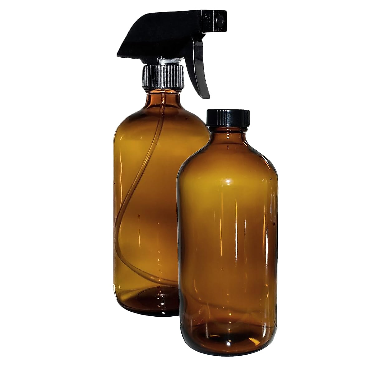 (Pack of 16) 16 oz. Amber Boston Round with Black Poly Cone Cap and 16 Black Trigger Sprayers