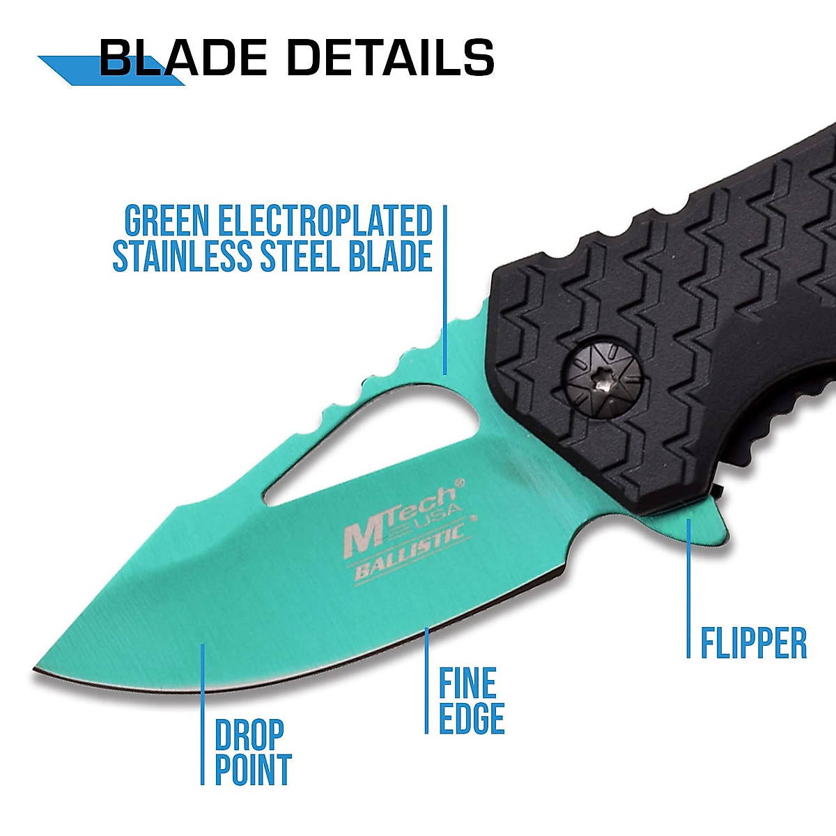 MTech USA – Spring Assisted Folding Knife – Green Fine Edge Stainless Steel Blade with Black Nylon Fiber Handle, Bottle Opener, Pocket Clip, Tactical, EDC, Self Defense- MT-A882GN