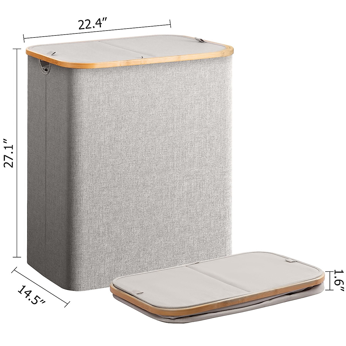 HBlife 145L Extra Large Double Laundry Hamper with Lid and Removable Inner Bag, 2 Section Collapsible Dirty Clothes Basket Organizer for Bathroom, Bedroom and Laundry Room, Light Grey