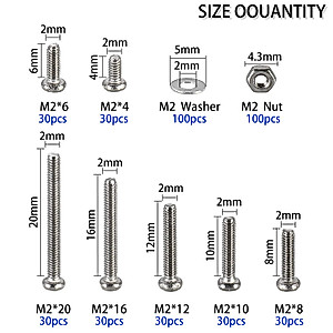 HanTof 410Pcs Tiny Phillips Pan Head Machine Screws Bolts, 18-8 Stainless Steel, M2 x 4/6/8/10/12/16/20mm, Micro/Mini Round Head Screws Nuts and Washers Assortment Kit, Fully Threaded Pitch: 0.4mm