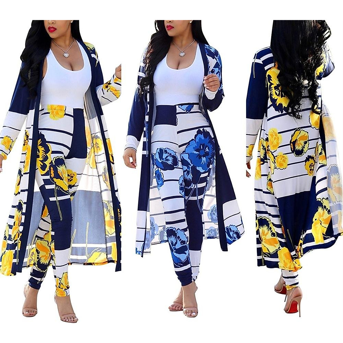 Womens Floral Print Long Sleeve Cardigan Cover up Long Pants 2 Piece Outfits Set Blue