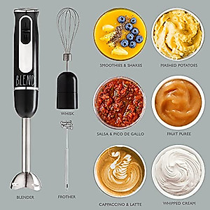 Rae Dunn Immersion Hand Blender- Handheld Immersion Blender with Egg Whisk and Milk Frother Attachments, 2 Speed Blender, 500 Watts, Stainless Steel Blade (Black)