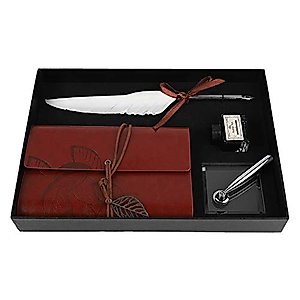 Zopsc Retro Leather Notebook with Fountain Pen with Pen Ink, Dip Feather Pen Set Calligraphy Pen Notebook,Leather Notebook Feather Quill Pen for Gift (red) (white)