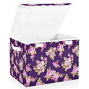 Kigai Storage Basket Pink Floral Storage Boxes with Lids and Handle, Large Storage Cube Bin Collapsible for Shelves Closet Bedroom Living Room, 16.5x12.6x11.8 In
