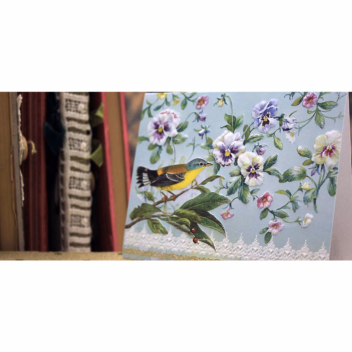 Carol Wilson Fine Arts Inc.- Pansies & Warbler - Embossed & Die Cut Blank Note Cards in Portfolio Box - 10 count - ncp2449