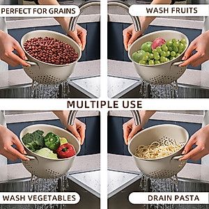 Metal Colander 5 Quart Powder Coated Self-draining Metal Strainer with Base,Kitchen Pasta Fruit Vegetable Basket with Double Handles (Sand Yellow)