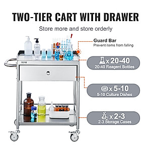 VEVOR Shelf Stainless Steel Utility Cart Catering Cart with Wheels Medical Dental Lab Cart Rolling Cart Commercial Wheel Dolly Restaurant Dinging Utility Services (2 Shelves/ 1 Drawer)