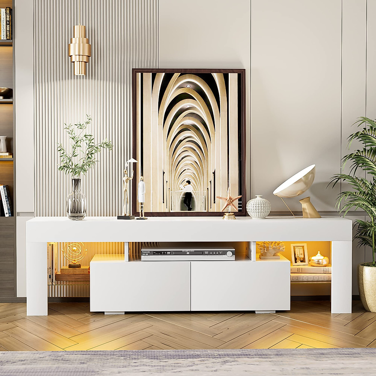 JUMMICO TV Stand, Modern Lighting TV Cabinet Entertainment Center Media and Open Shelf, TV Console Table with 1 Drawer and Remote Control, 20 Color LED Lights up to 70 Inch TV (White)